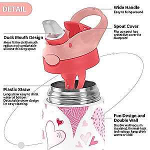 Kigai Romantic Pink Peach Heart Kids Water Bottle, Insulated Stainless Steel Water Bottles with Straw Lid, 12 oz BPA-Free Leakproof Duck Mouth Thermos for Boys Girls