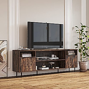 Voohek Modern TV Stand, Wood Media Console Table with 4 Doors and 4 Open Shelves, Farmhouse Entertainment Center Cabinet w/Storage, for Living Room Bedroom, for 85 inch, Dark Brown