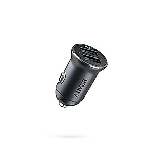 Anker 320 Car Charger (24W II), Mini Aluminum Alloy Dual USB Car Charger with Blue LED for iPhone 14 13 12 Pro Max mini X XS XR, iPad Pro/Air 2/Mini, Galaxy and more (Not Compatible with Quick Charge)