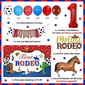 Cowboy 1st Birthday Decorations, First Rodeo Birthday Party Decor Blue, First Rodeo Birthday Backdrop Western Theme Balloons, Cow One High Chair Banner for Western Cowboy Birthday Party Supplies