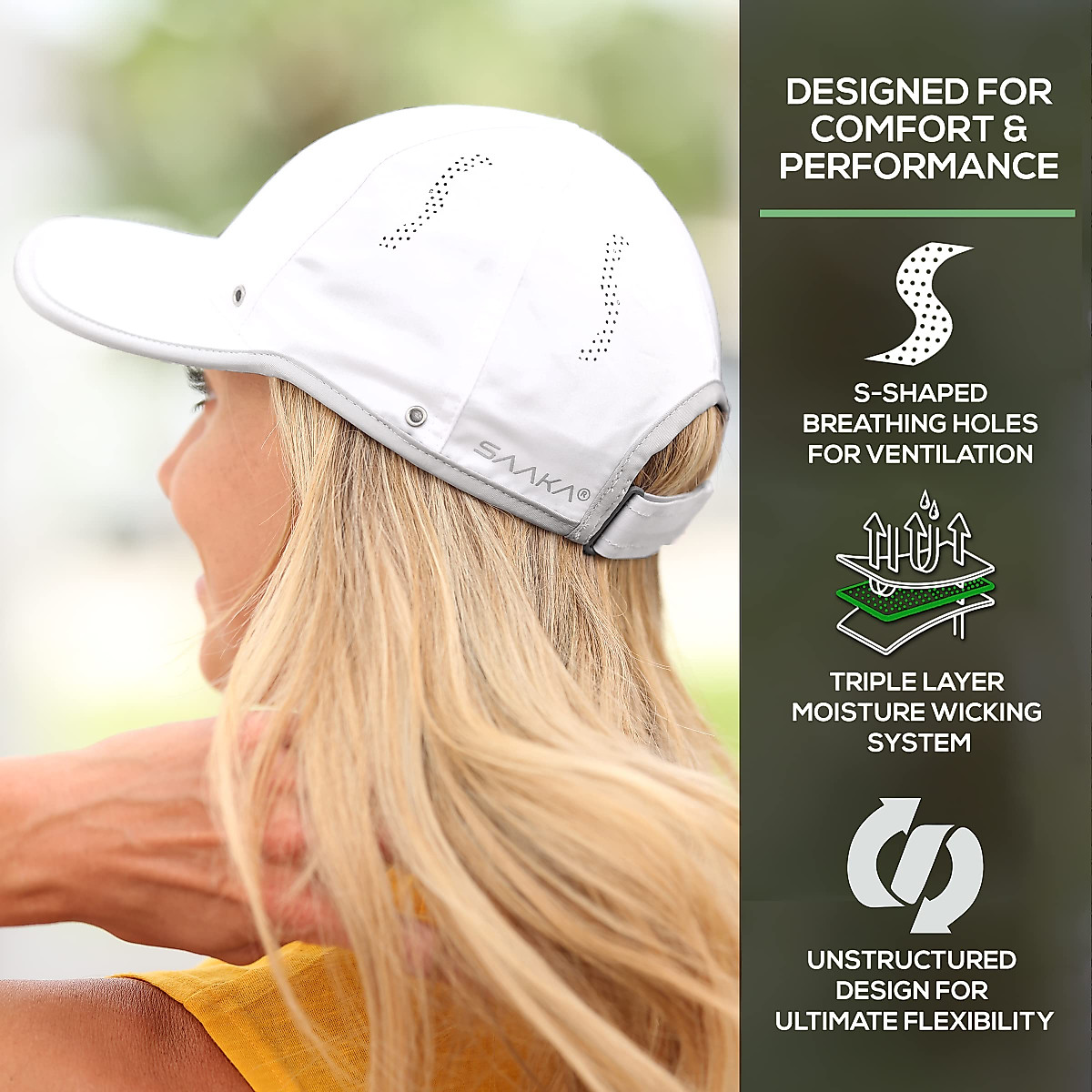 SAAKA Performance Sports Hat. Lightweight, Quick Drying. Running, Tennis & Golf Cap for Women (White)