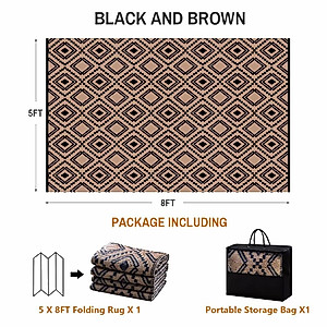 Outdoor Rugs for Patio Clearance - 5'x8' Waterproof Reversible Indoor Outdoor Rug Carpet, Portable Plastic Straw Rug for RV Camping, Picnic, Beach, Porch, Deck(Rug001#,Black&Brown)