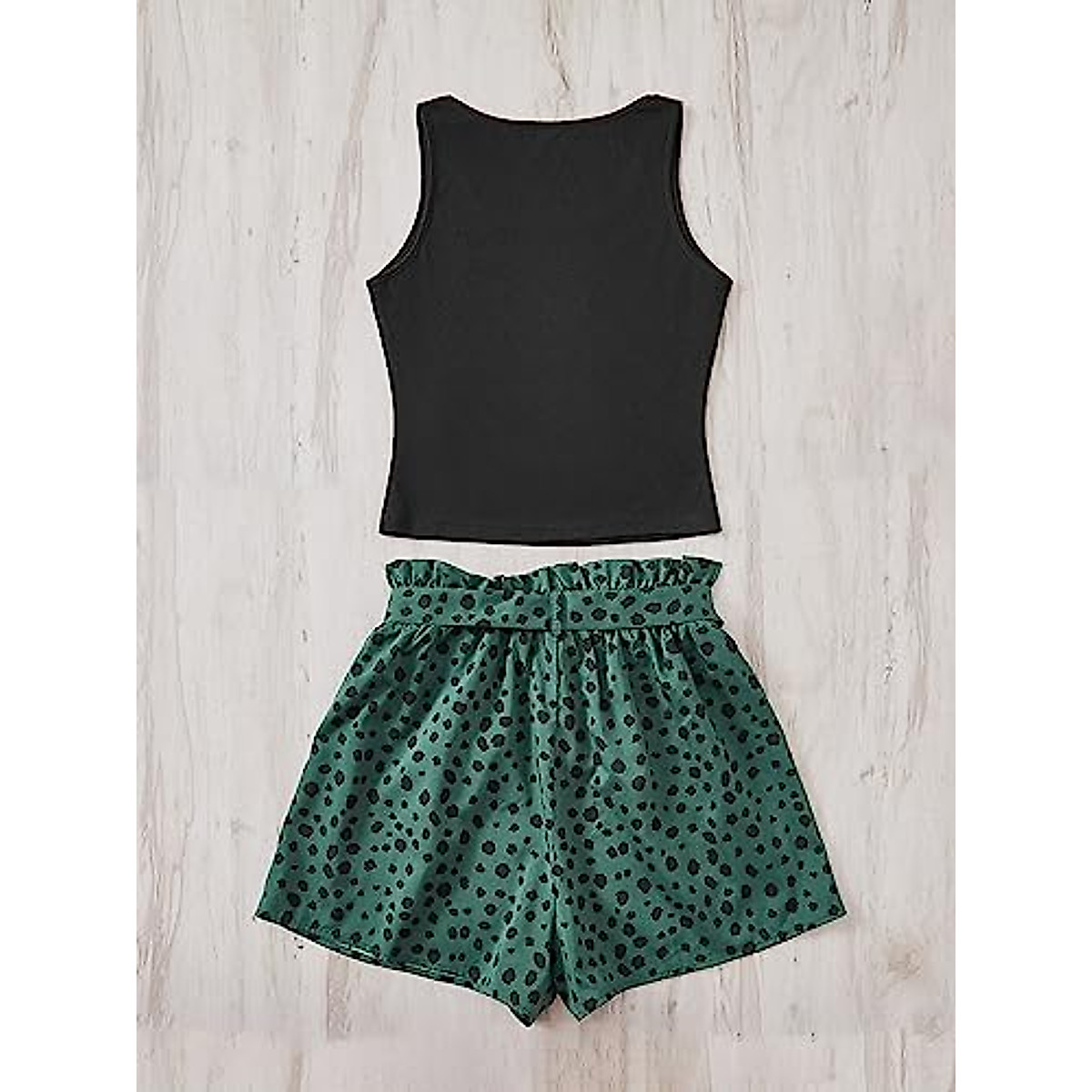 SOLY HUX Women's 2 Piece Outfits Summer Scoop Neck Tank Top and Allover Print Belted Shorts Set Black and Green XL