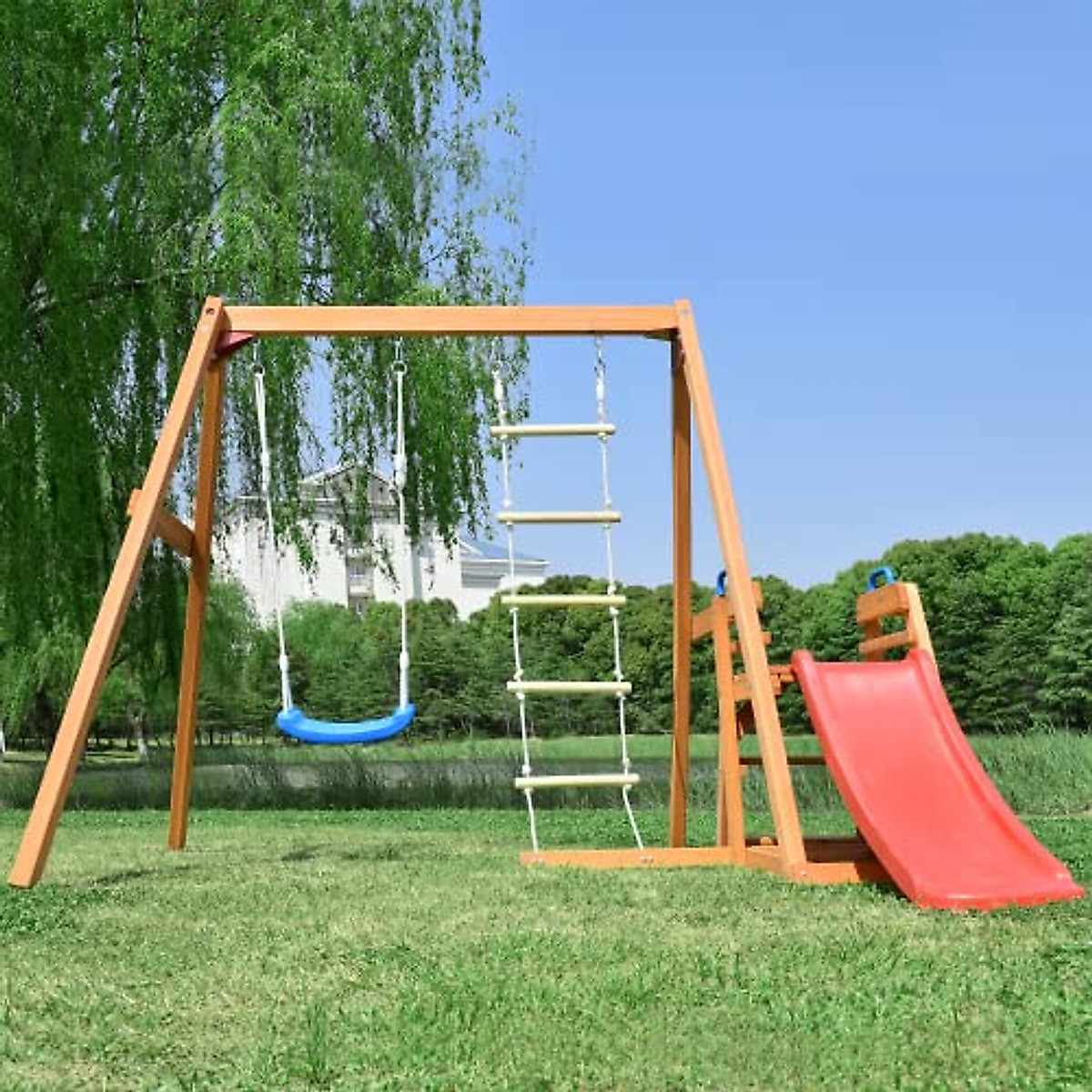Kiriner Wooden Swing Set with Slide, Outdoor Playset Backyard Activity Playground Climb Swing Outdoor Play Structure for Toddlers, Ready to Assemble Wooden Swing-N-Slide Set Kids Climbers