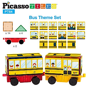 PicassoTiles Magnet Building Blocks STEM Learning Construction Toy Set Early Education Kit 3-in-1 Rocket, School Bus, Train Theme Stick-On Puzzle Pretend Play Magnetic Tiles Kids Building Block Toys