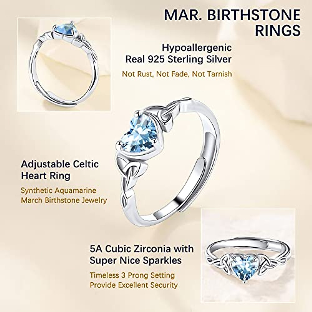 Suplight 925 Sterling Silver March Birthstone Rings Adjustable Aquamarine Celtic Knot Heart Rings for Women