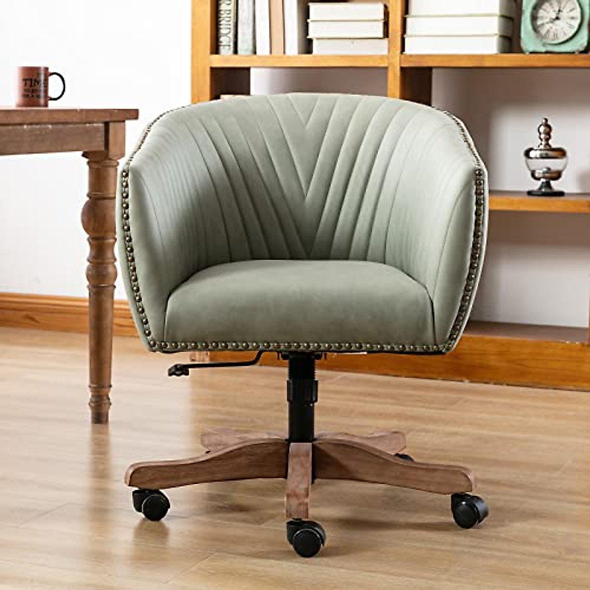QUINJAY Green Faux Leather Home Office Desk Chair, Upholstered Barrel Swivel Adjustable Arm Desk Chair with Nailheads, Comfy Mid-Back Study Chair with Silent Wheel for Study Office Computer