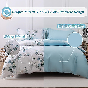 MILDLY 100% Long-Staple Cotton Duvet Cover Set Baby Blue Teal Gradient Leaf Pattern Printed Comforter Cover 3pcs, Ultra Soft & Breathable Bedding Set