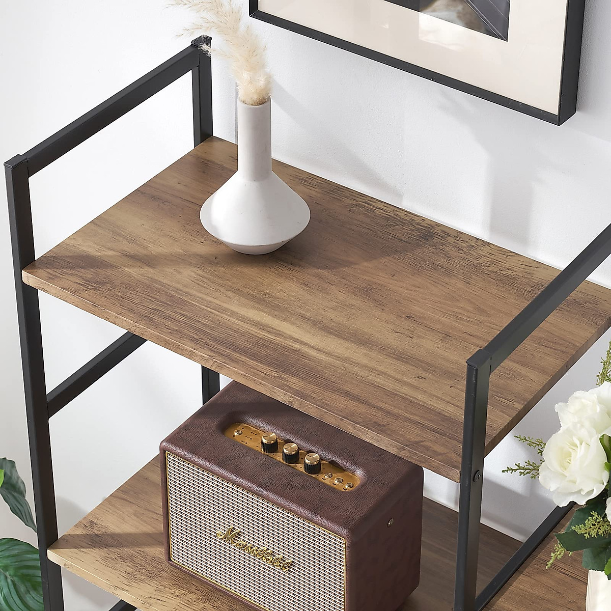 LIFUSTTG Triple Wide 4 Tier Bookshelf, Large Etagere Bookshelves and Bookcase Wood Metal, Industrial Book Shelf Open Display Storage Shelves for Living Room/Home Office