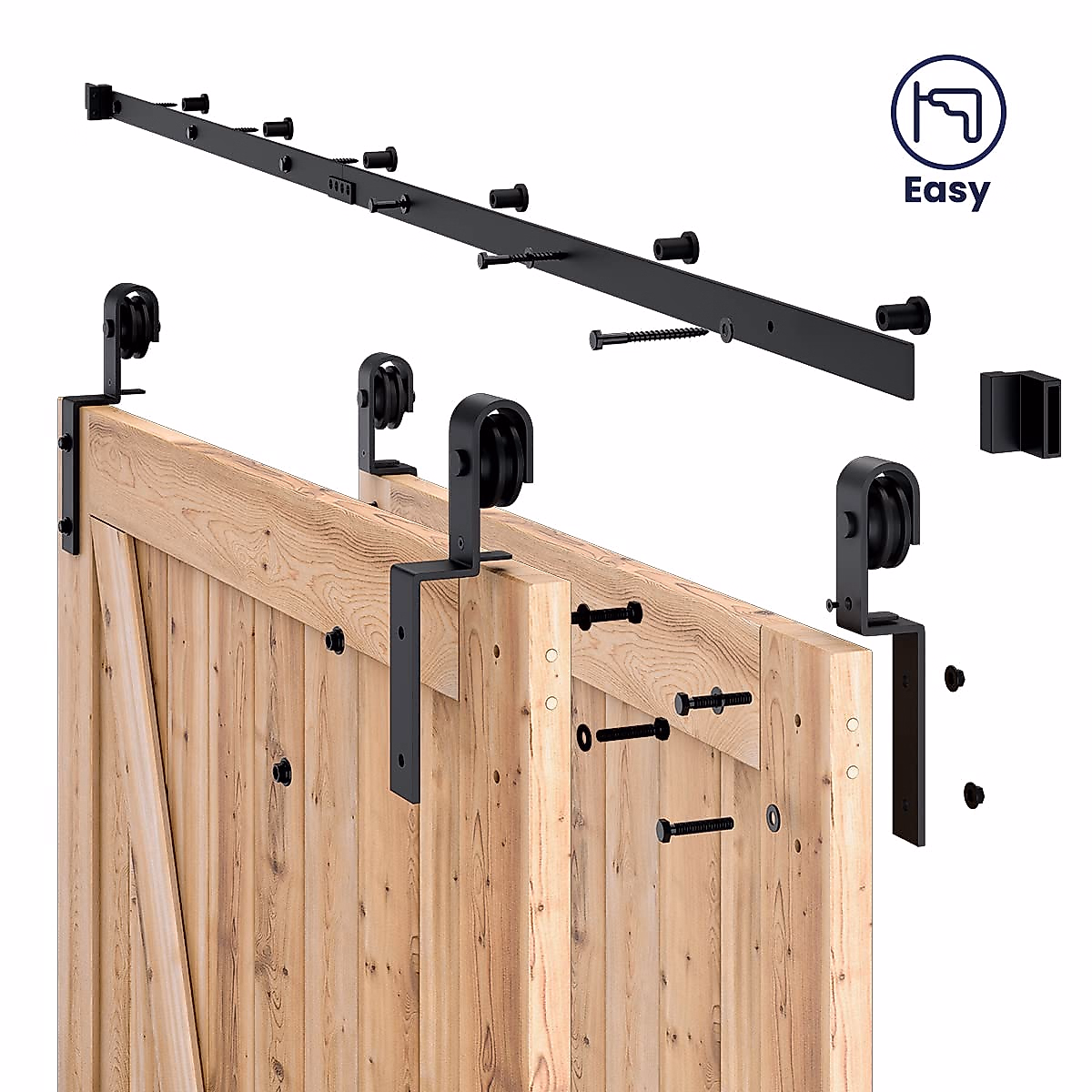 SMARTSTANDARD 8 Feet Bypass Sliding Barn Door Hardware Kit - for Double Wooden Doors-Single Track - Smoothly & Quietly - Easy to Install-Fit 84" Opening