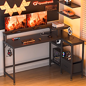 GreenForest L Shaped Desk with Drawers and Power Outlet, 51 inch Computer Gaming Desk with Monitor Stand and 4 Tier Storage Shelves, Printer Stand and Hooks for Work and Study, Black