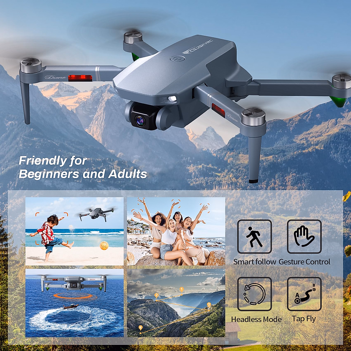 FPV Drone with 2 Camera for Adults, Foldable WIFI RC Quadcopter Remote Control Airplanes Kit with 2 Batteries,Advanced Brushless Motors, Long Range Video Transmission, 3D Flip, Auto Return Home,APP Control (Gray)