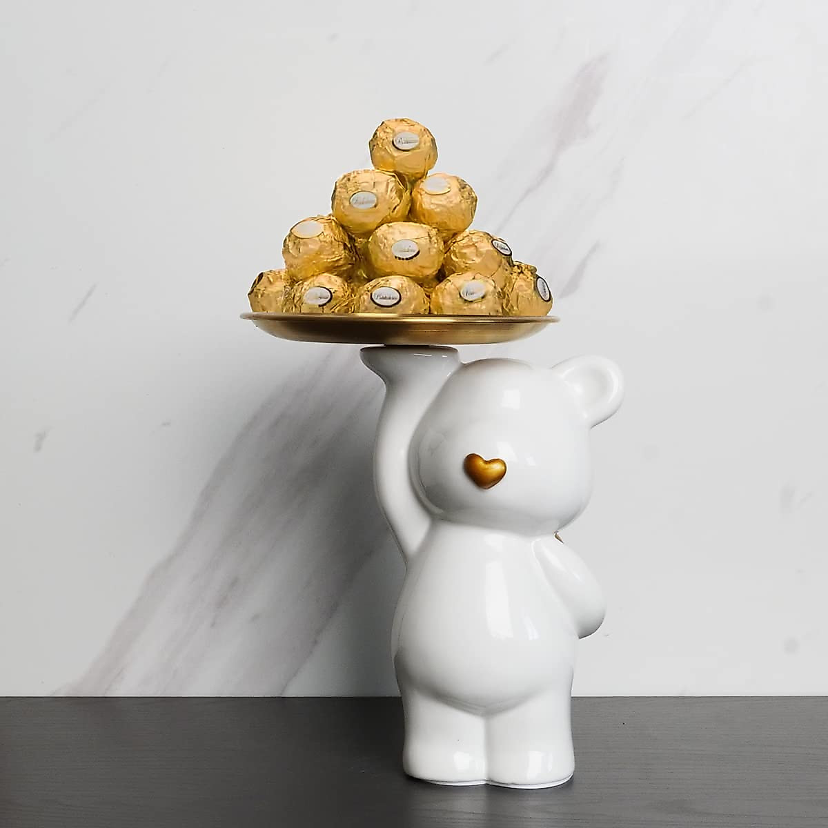 OILISI Jewelry Tray,Ceramic Bear Statues with Gold Dish for Ring Earring Holder,Decorative Tray for Table Bathroom Living Room Entry-way Decoration,Fit for Candy Key Necklaces Lipstick Holder