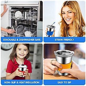 Uarzt Kids Cups with Straws and Lids, Toddler Sippy Cup Spill Proof, Unbreakable Stainless Steel Drinking Tumbler with Sleeves for Kid and Adult, Water Mug with Bonus Coasters & Brushes (12oz, 5 Pack)