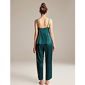 AW BRIDAL Pajama Sets for Women Satin Ruffle Camisole Top with Long Pants Silk Bride Pajamas for Wedding Engagement Party, Hunter Green M