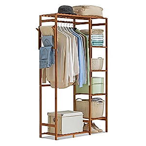 MoNiBloom Bamboo Garment Rack with Shelves 6 Tier Closet Coat Storage Organizer Clothes Hanging Rack with Pants Rack & Hooks for Bedroom, Living room, Office, Mudroom, Brown