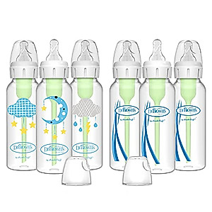 Dr. Brown’s Natural Flow® Anti-Colic Options+™ Narrow Baby Bottles 8 oz/250 mL, with Level 1 Slow Flow Nipple, 6 Pack, 0m+ Moon/Clouds Gift Set