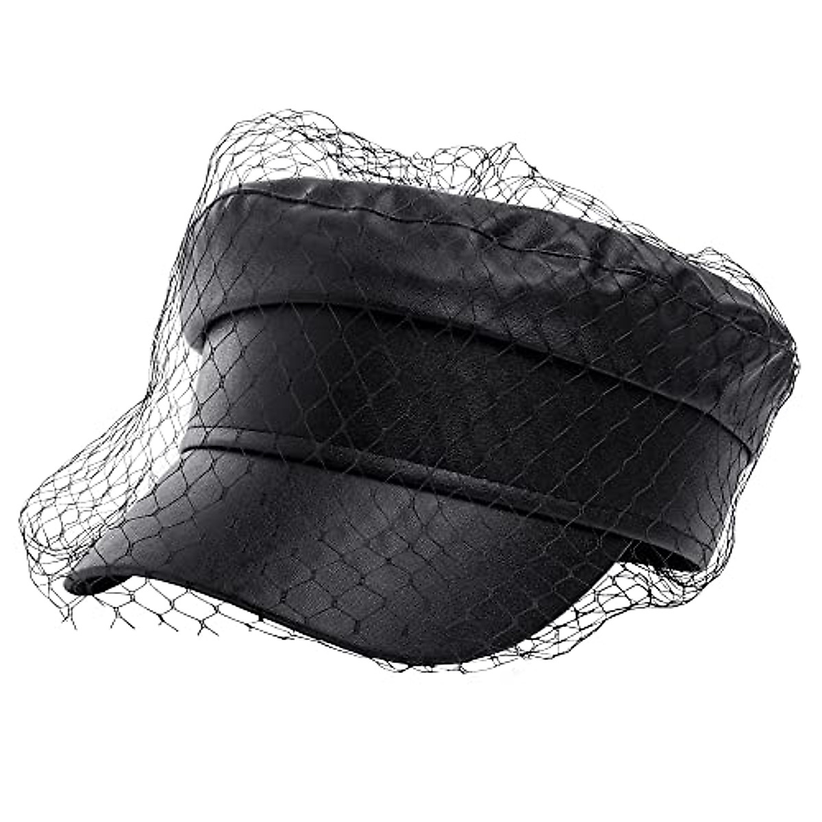 Beret Hats for Women PU Leather Newsboy Fiddler Cap with Veil Casual Baker Boy Captain Hat