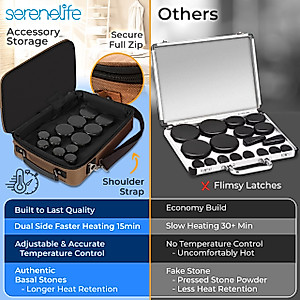 SereneLife Portable Massage Stone Warmer Set - Electric Spa Hot Stones Massager and Heater Kit with 6 Large and 6 Small Round Shaped Basalt Massaging Rocks, Digital Controller Heating Bag