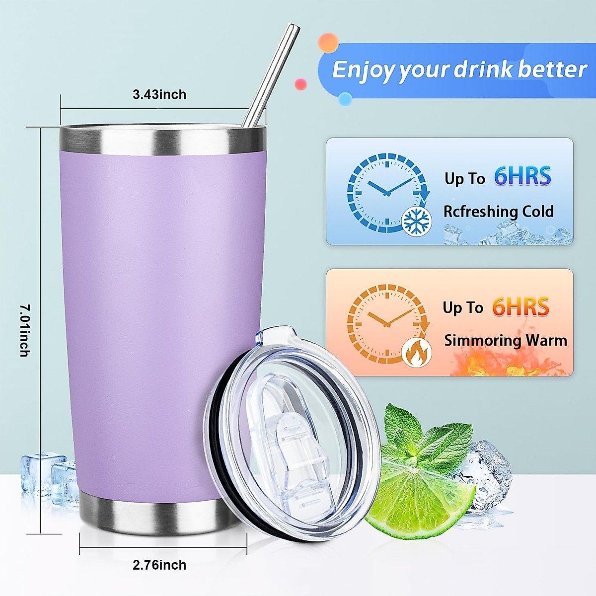 ATIKZHE 20oz Tumbler with Straw and Brush, Stainless Steel Vacuum Insulated tumbler, Double Wall Insulated Coffee Tumbler for Outdoor, Home, Travel,Office (lilac,1pcs)