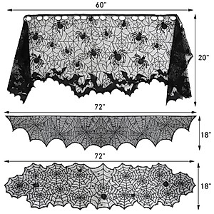 5 Pack Halloween Decorations Set Black Lace Tablecloth Round Cobweb Table Cover Fireplace Scarf Runner Lampshade with 36pcs 3D Bats for Halloween Decor Indoor Party Supplies (Halloween, One Size)