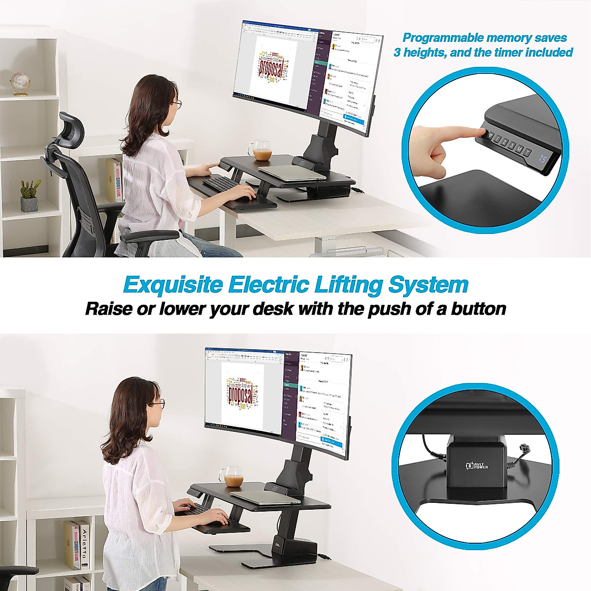 AVLT Dual 32" Monitor Electric Standing Desk Converter with Huge Keyboard Tray Extra Large 28"x 16" Spacious Tabletop Motorized Automatic Height Adjustable Sit to Stand Table Sturdy Small Footprint