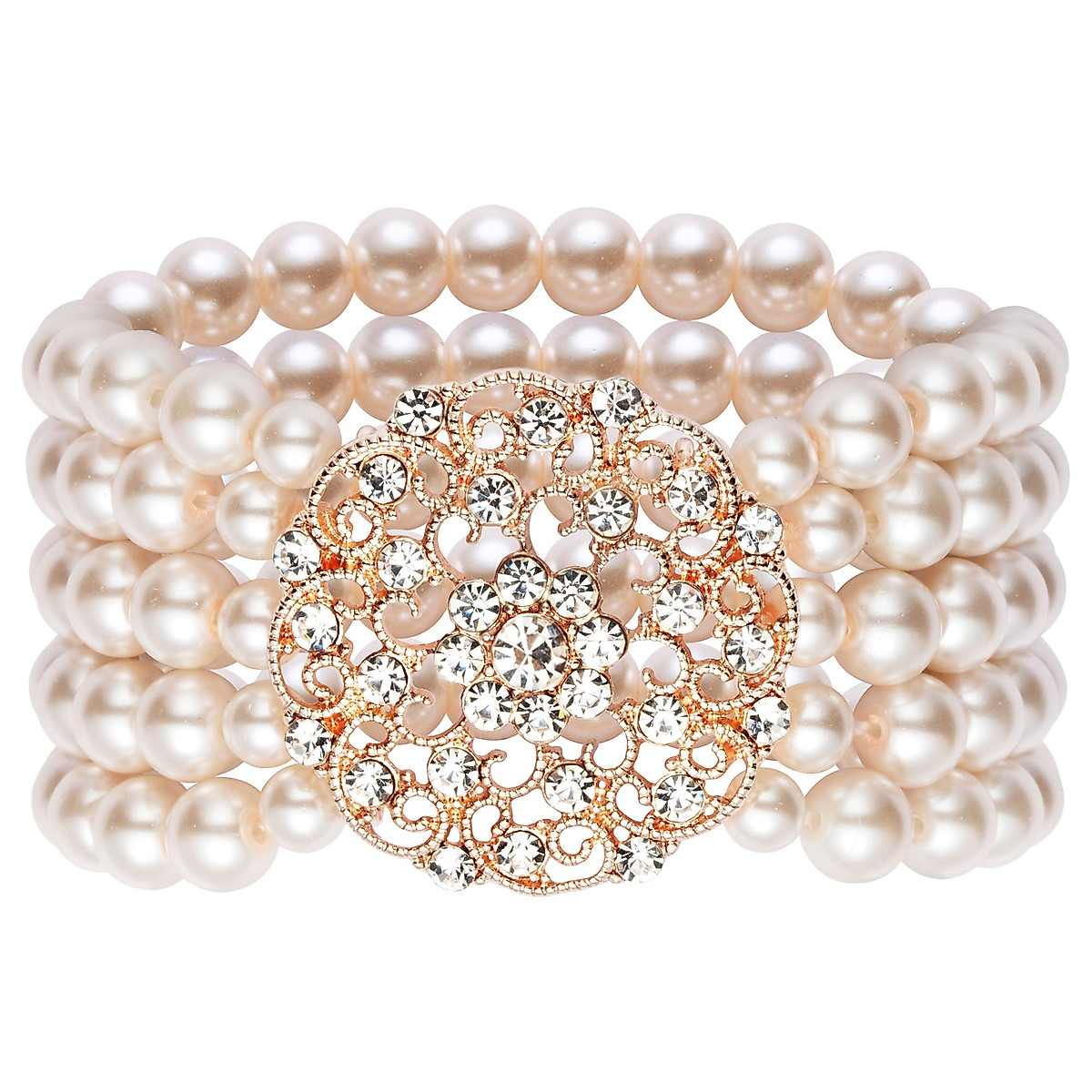 BABEYOND 1920s Flapper Imitation Pearl Bracelet Great Gatsby Elastic Pearl Bracelet Roaring 20s Accessories Jewelry 5 Rows (Style 2-Rose Gold)