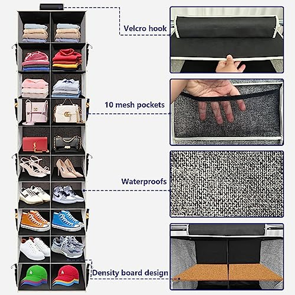 VERONLY 20 Section Hanging Shoe Organizer, Fabric Closet Hanging Shoe Storage Rack with 10 Side Pockets for Shoes, Hats, Handbags, Clothes (Black)