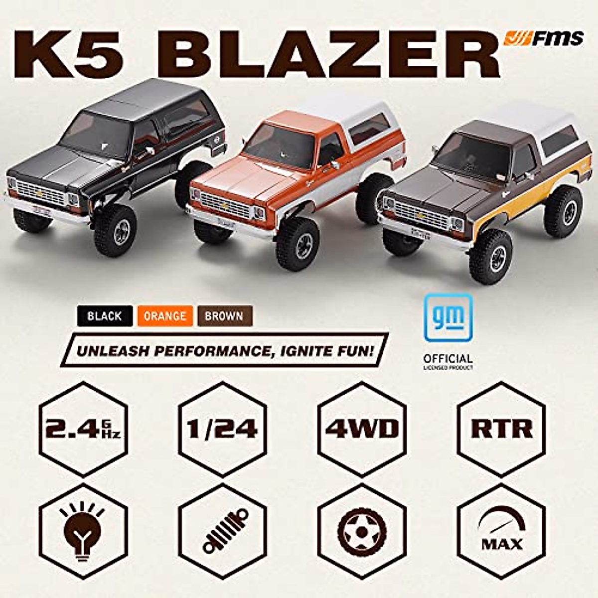 FMS 1/24 RC Crawler Officially Licensed Chevy K5 Blazer RC Car FCX24 RTR RC Pickup Truck SUV 4WD 2.4GHz Hobby RC Model 8km/h Mini Car RC Off-Road Remote Control Car (Black)