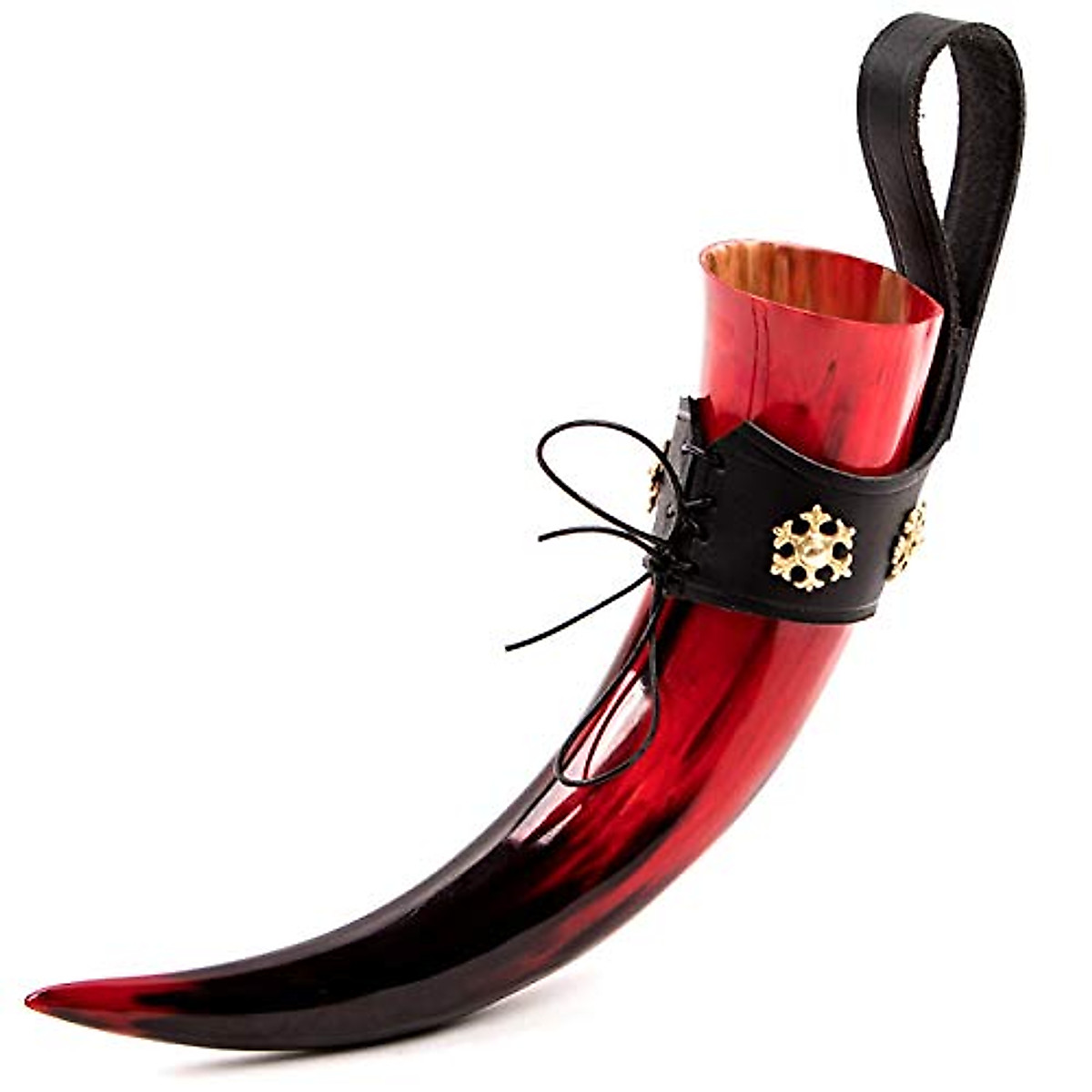 Mythrojan THE RED WITCH Viking Drinking Horn with Black Leather holder Authentic Medieval Inspired Viking Wine/Mead Mug – Polished Finish