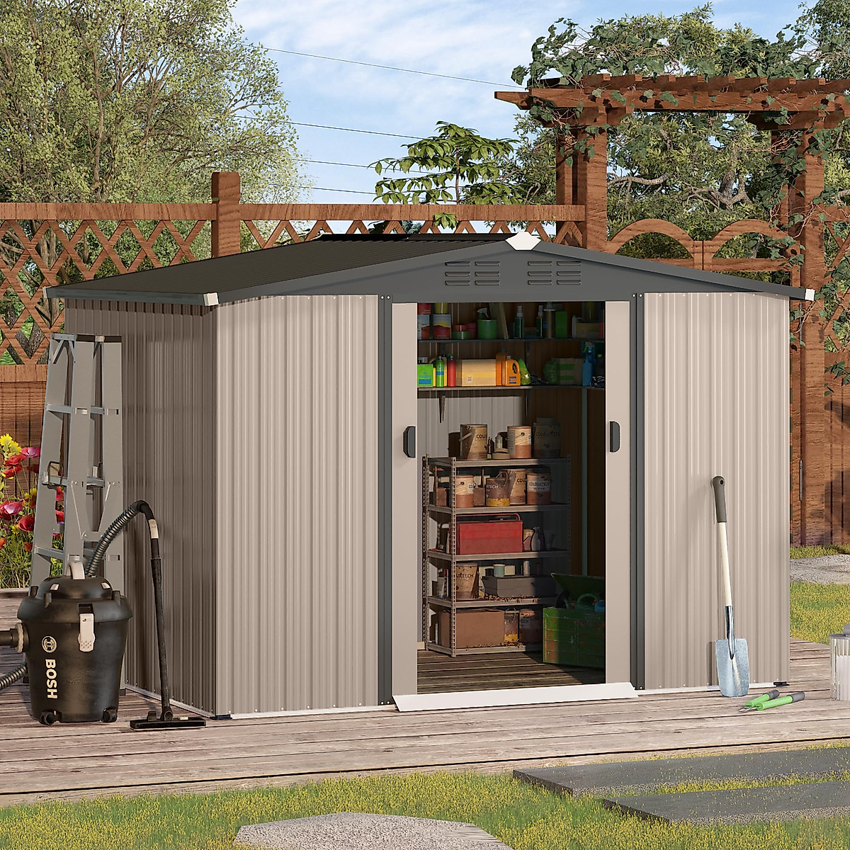 AECOJOY 8 x 6 Ft Shed, Outdoor Storage Tool Shed (Sliding Door), Metal Garden Shed for Yard, Outdoor Storage Clearance in Grey