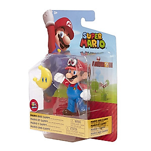 Super Mario Nintendo Collectible Mario Wearing Cappy 4" Poseable Articulated Action Figure with Yellow Power Moon Accessory, Perfect for Kids & Collectors Alike! for Ages 3+ (401344)