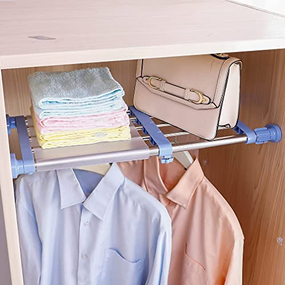 Hershii 1 shelves Closet Tension Shelf & Rod Expandable Metal Storage Rack Adjustable Organizer DIY Divider Separator for Cabinet Wardrobe Cupboard Kitchen Bathroom - Blue