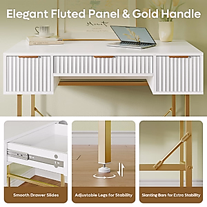 Bestier 47.6 Inch Fluted Computer Writing Desk with Drawers for Home Office, White and Gold Vanity Desk, Modern Simple Makeup Desk for Bedroom