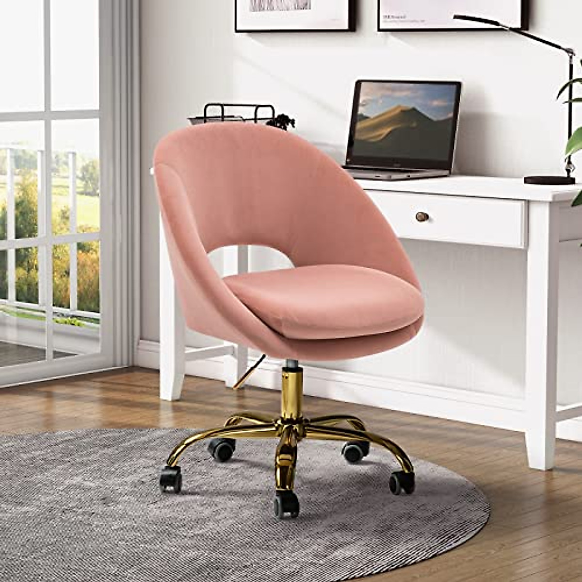 TINA'S HOME Modern Velvet Office Chair with with Adjustable Swivel, Comfy Upholstered Desk Chair with Open Back, Small Cute Chair for Living Room Study Vanity, Pink