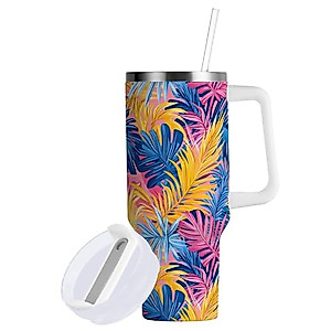 Slewiaeky Tumbler with Handle 40 oz Palm Leaf Plant Cute Travel Mug with Lid and Straw Blue Stainless Steel Vacuum Insulated Water Bottle Cup for Iced Tea Coffee Cold Beverages Cup Holder Friendly