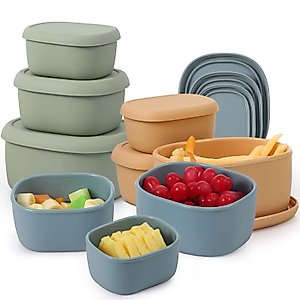 Vesici 9 Pcs Silicone Food Storage Containers Collapsible Reusable Small Containers with Lids Bpa Free for Christmas Party Snack Camping Lunch Bento Box (6.7oz, 10oz, 20oz) Green Blue Yellow