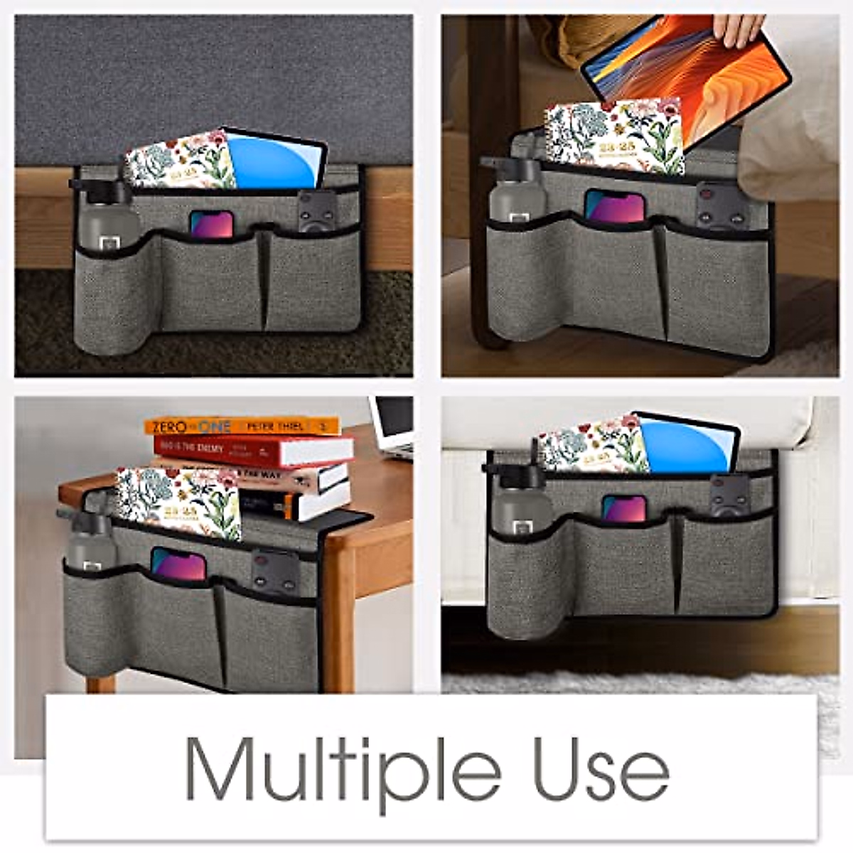 Joywell Bed Side Organizer Caddy, Bedside Storage Caddy Under Mattress Remote Caddy for Bed, 4 Pockets Bedside Caddy Organizer with Bottle Holder for Remotes Phone Glasses Tablet, Grey