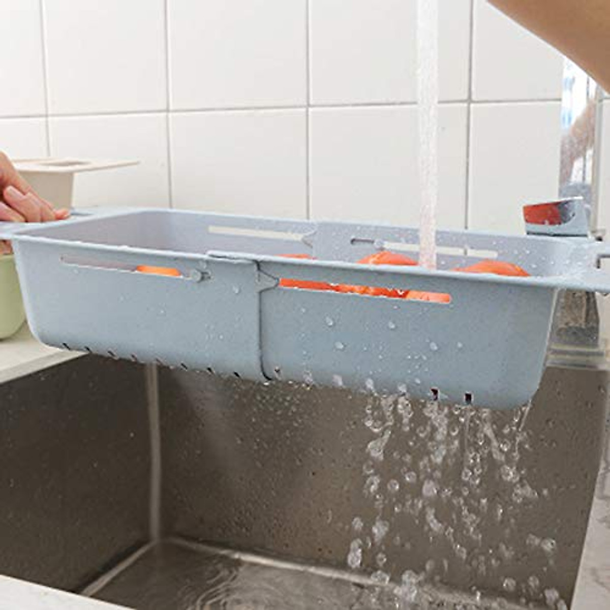 Jkhome Collapsible Over The Sink Colander Dish Fruit Vegetable Strainer Drainer Basket for Kitchen Set of 1 (Blue)