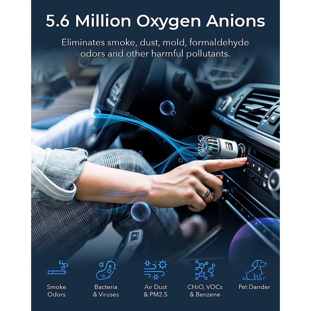 Craftronic 2.0 Ionic HEPA Car Air Purifier - (5.6 million of Negative Ions) Remove Cigarette Smoke & Allergens, Bacteria, Pollutants, Gases (VOCs) + Anti-Microbial Deodorizer Freshener (Silver)