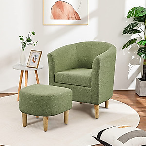 DAZONE Mid Century Modern Chair, Accent Chair Barrel with Ottoman Comfy Arm Footrest Set Comfortable Living Room Chairs Upholstered Round Club Tub Sofa for Bedroom Reading Green, Set of 1