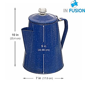 Camping Coffee Percolator - Enamel Coating Gloss Finish And Glass Cap For Backpacking, Campsite, Kitchen And FireCoffee Pot Makes 12 Cups - Comes With Basket For Grounds And Stainless Steel Spoon