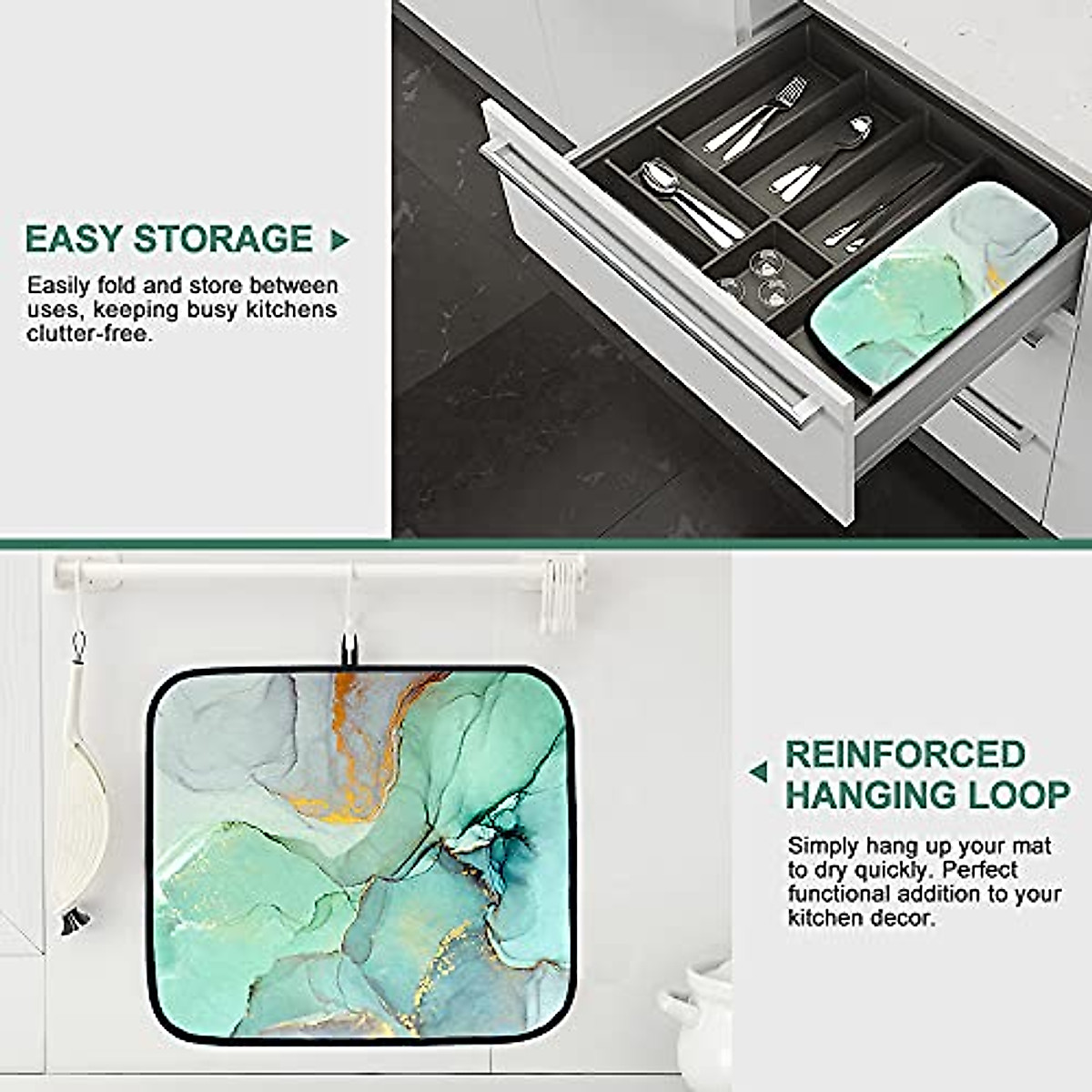 Teal Marble & Golden Swirls Dish Drying Mat for Kitchen, Small Microfiber Easy Storage Drying Pad, 16" x 18"