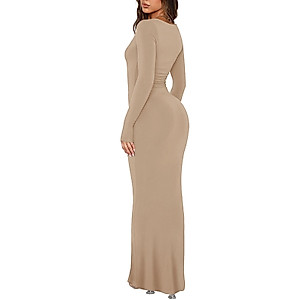 REORIA Women's Sexy Casual Scoop Neck Long Sleeve Lounge Long Dress Elegant Fall Wedding Guest Tight Ribbed Bodycon Maxi Dresses Khaki Large