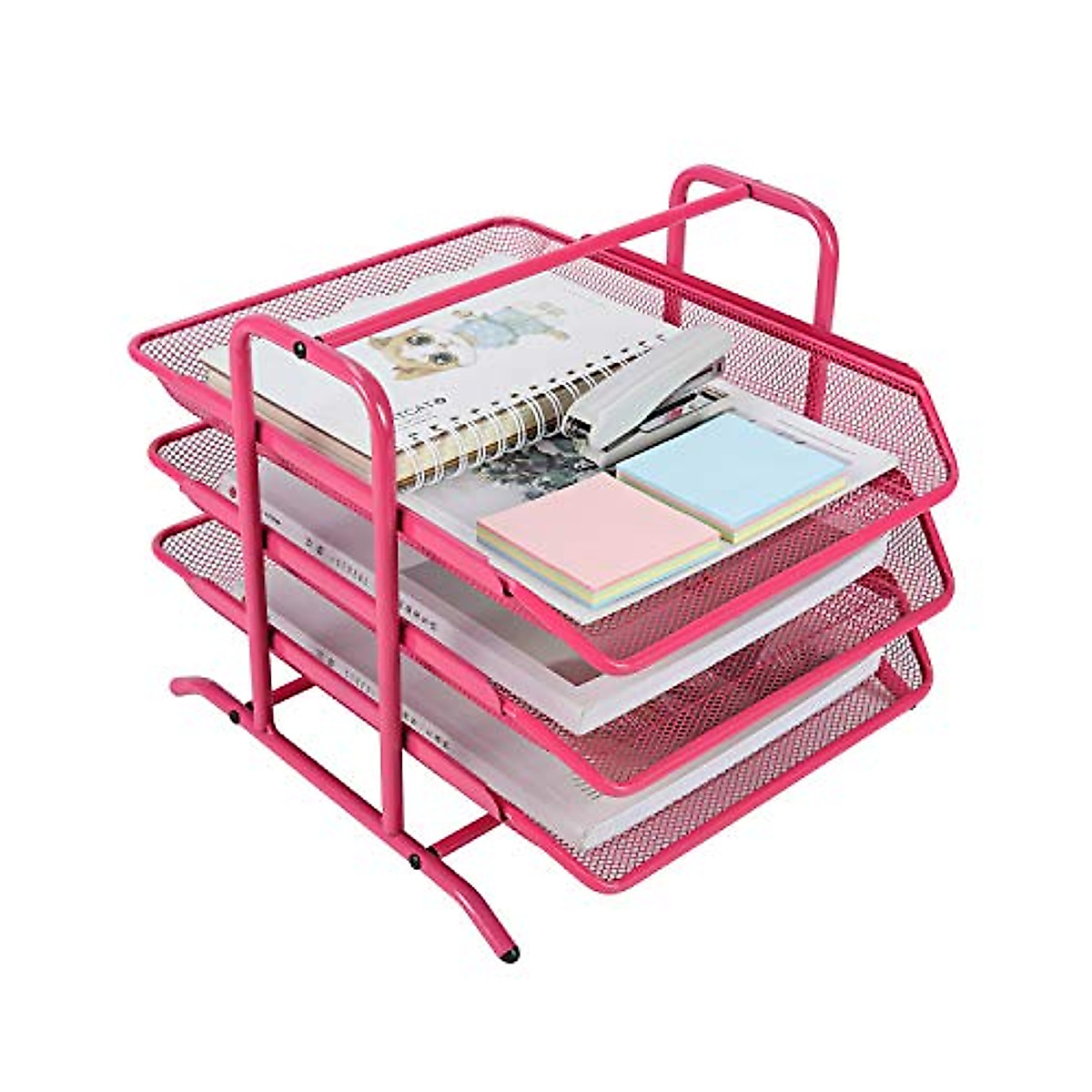 EasyPAG Desk Organizer Tray with 3 Sliding Trays for Letters Documents Mail Files Paper, Pink