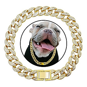 Cuban Link Dog Collar Diamond Gold Chain Dog Collar Walking Metal Gold Chain for Dogs with Design Secure Buckle,Pet Cuban Collar Jewelry Accessories for Small, Medium, Large Dogs and Cats