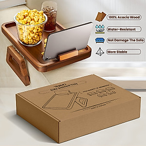 Tinamo Acacia Couch Arm Table with Phone Holder - Wooden Sofa Armrest Tray - Clip-on Tray for Wide Couch - Side Table for Eating & Drink (Acacia)