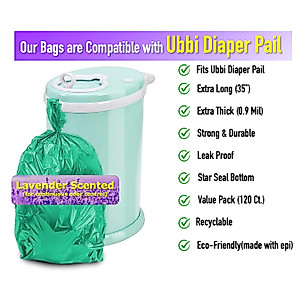 Disposable Diaper Pail Refill Plastic Bag (120 count) Compatible with Ubbi Diaper Bag Pail 13 Gallon Capacity Green Eco-friendly Diaper Pail Bag (120 ct., Lavender Scented)