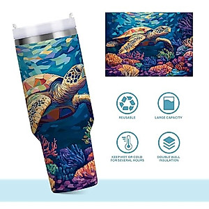 Slewiaeky Tumbler with Handle 40 oz Lovely Turtle Ocean Travel Mug with Lid and Straw Sea Stainless Steel Vacuum Insulated Water Bottle Cup for Iced Tea Coffee Cold Beverages Cup Holder Friendly