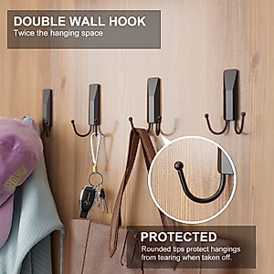 RICHER HOUSE Black Double Wall Hooks for Hanging, 4 Pack Removable Adhesive Wall Hooks with 5 Strips, Organize Damage-Free Sticky Hooks, Plastic Utility Hooks Heavy Duty for Coat, Towel, Hat, Key
